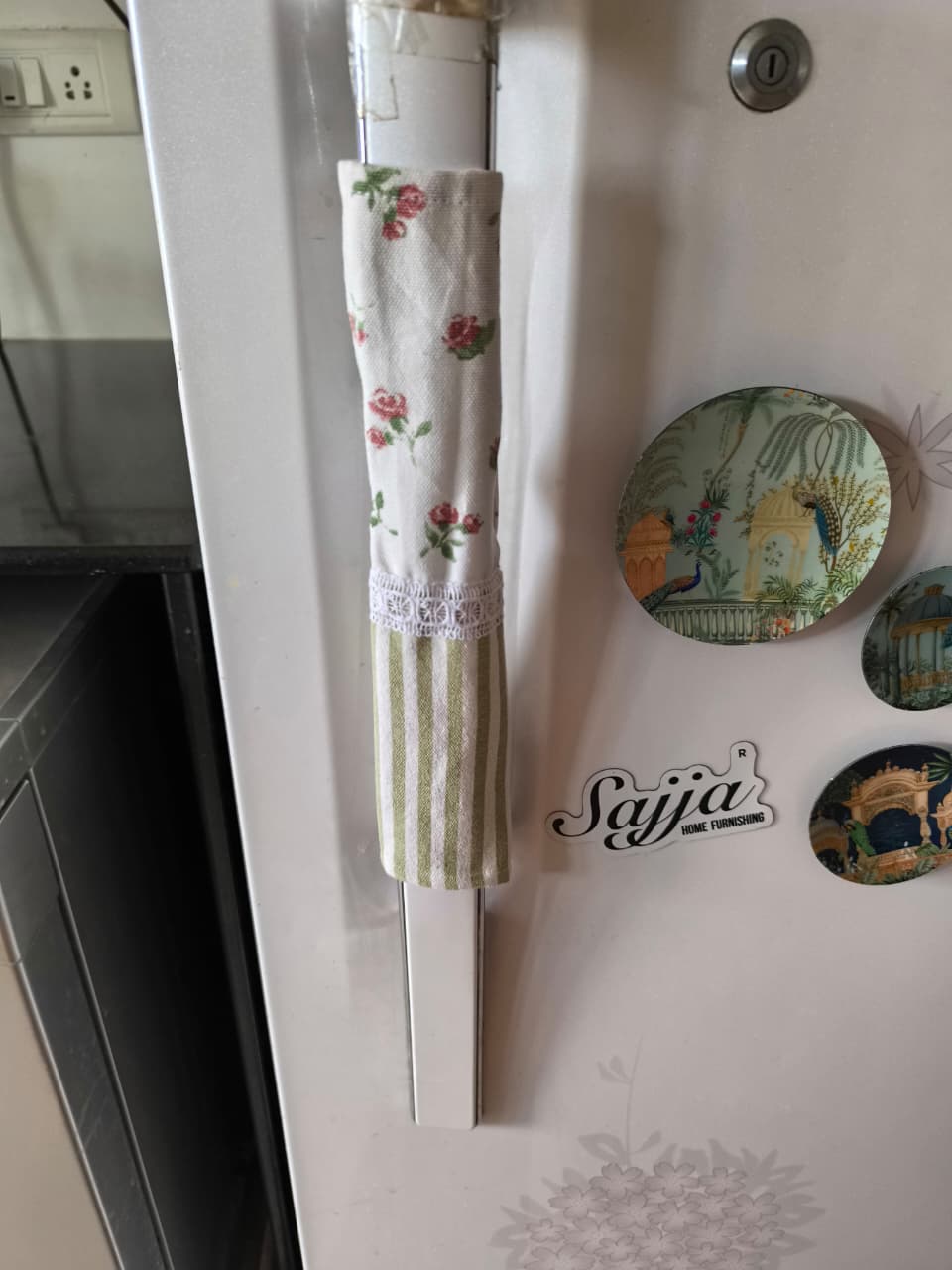 Sajja Floral Cotton Cloth Green White Striped Floral Fridge Handle ...